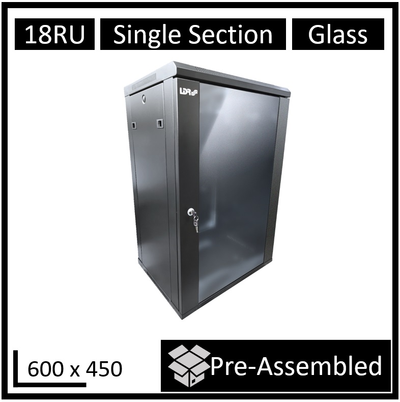 LDR Assembled 18U Wall Mount Cabinet (600mm x 450mm) Glass Door – Black ...